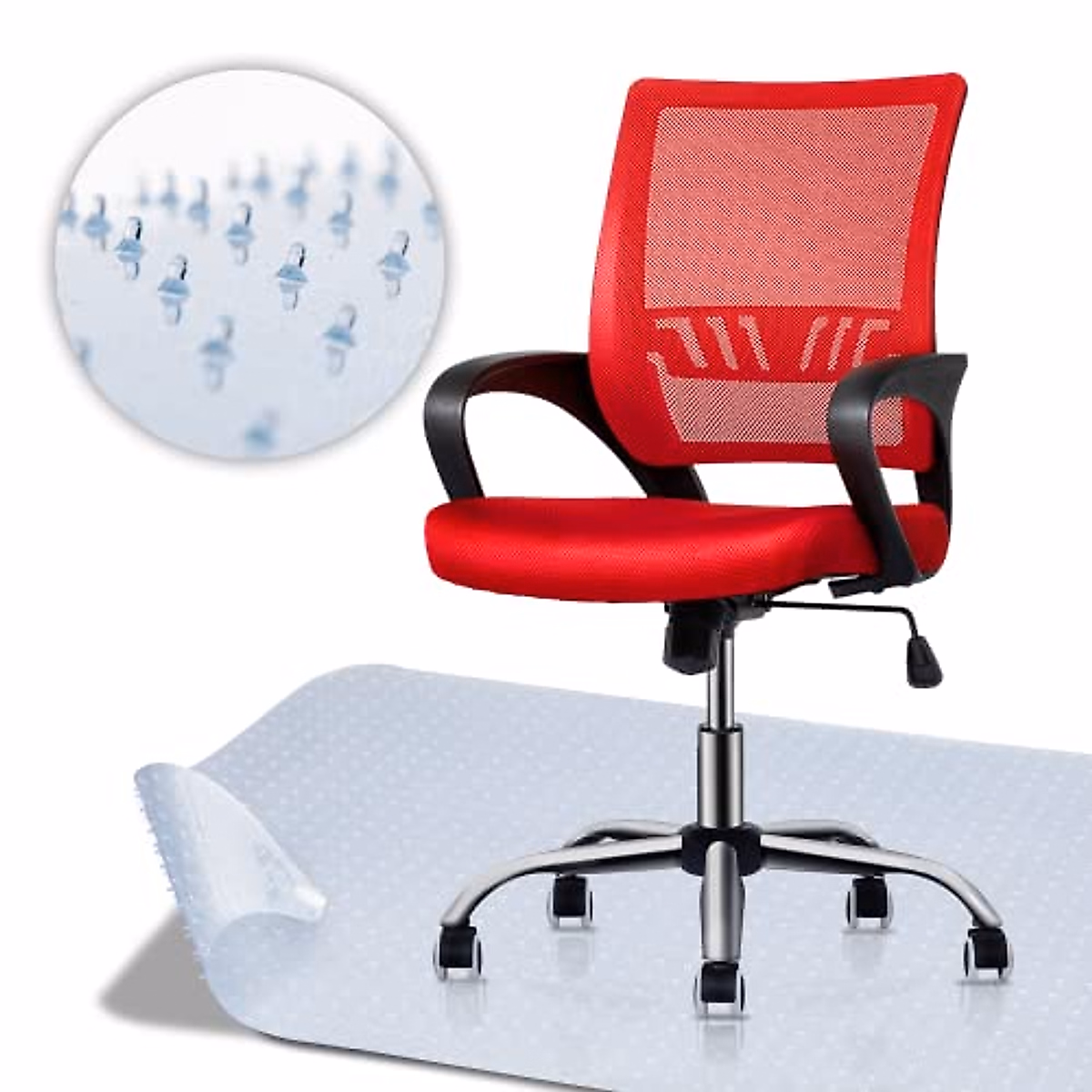 Magshion Home Office Chair with Floor Mat Mid Back Mesh Desk Chair with Lumbar Support, Computer Chair Ergonomic Task Rolling Swivel Chair Mid-Back Desk Chair Adjustable Modern Chair, Red