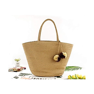 QTKJ Women Straw Summer Beach Bag Handwoven Big Tote Shoulder Handbag with Pom Pom Decorate (Khaki)