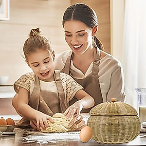 YARNOW Bamboo Woven Basket with Lid Rattan Braid Chess Cans Wicker Bowls Round Seagrass Baskets Boho Home Decor for Home Kitchen Snake Appetizer Food Storage 28X28CM