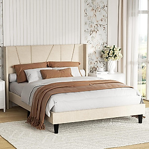 4 EVER WINNER Twin Bed Frames with Headboard, Linen Fabric Twin Upholstered Platform Bed Frame with Geometric Headboard and Wingback for Kids, Wood Slat Support, No Box Spring Needed, Beige