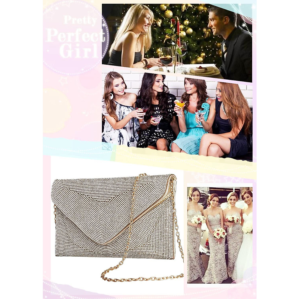 KamostarX Evening Bag for Women,evening purses and clutches gold clutch purse evening handbags Crossbody Shoulder Wedding Bride Purse