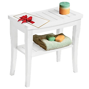 Bamboo Shower Bench Spa Stool - Wood 2-Tier Seat, Foot Rest Shaving Stool with Non-Slip Feet + Storage Shelf - Seat or Organizer for Bathroom, Living Room, Bedroom and Garden Décor (White)