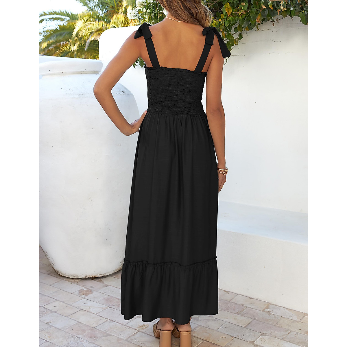 ZESICA Women's 2024 Summer Boho Spaghetti Strap Square Neck Solid Color Ruffle A Line Beach Long Maxi Dress,Black,Small