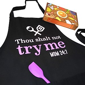 FixGrub Cooking Apron for Mom with Spatula and Gift Box, Funny Kitchen Apron with 3 Pockets, Mom Gift, Cute Apron, Mother's Day Gift (Thou Shalt Not Try Me)