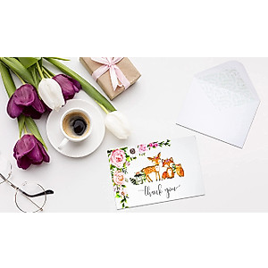 50 Pack Watercolor Girl Woodland Greenery Thank You Cards, Cute Thank You Notes with Envelopes & Stickers, Baby Shower, Birthday any Occasion Large Size 4x6 Animal Fox Raccoon Deer Owl Gratitude For Party, Children Stationery