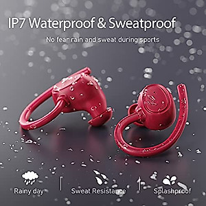 Wireless Earbud, Bluetooth 5.1 Sport Headphones with IP7 Waterproof, 50H Playtime Bluetooth Earbud Noise Cancelling with Hi-Fi Stereo and Built-in Mic,Running Earphones with Earhooks for Workout Red