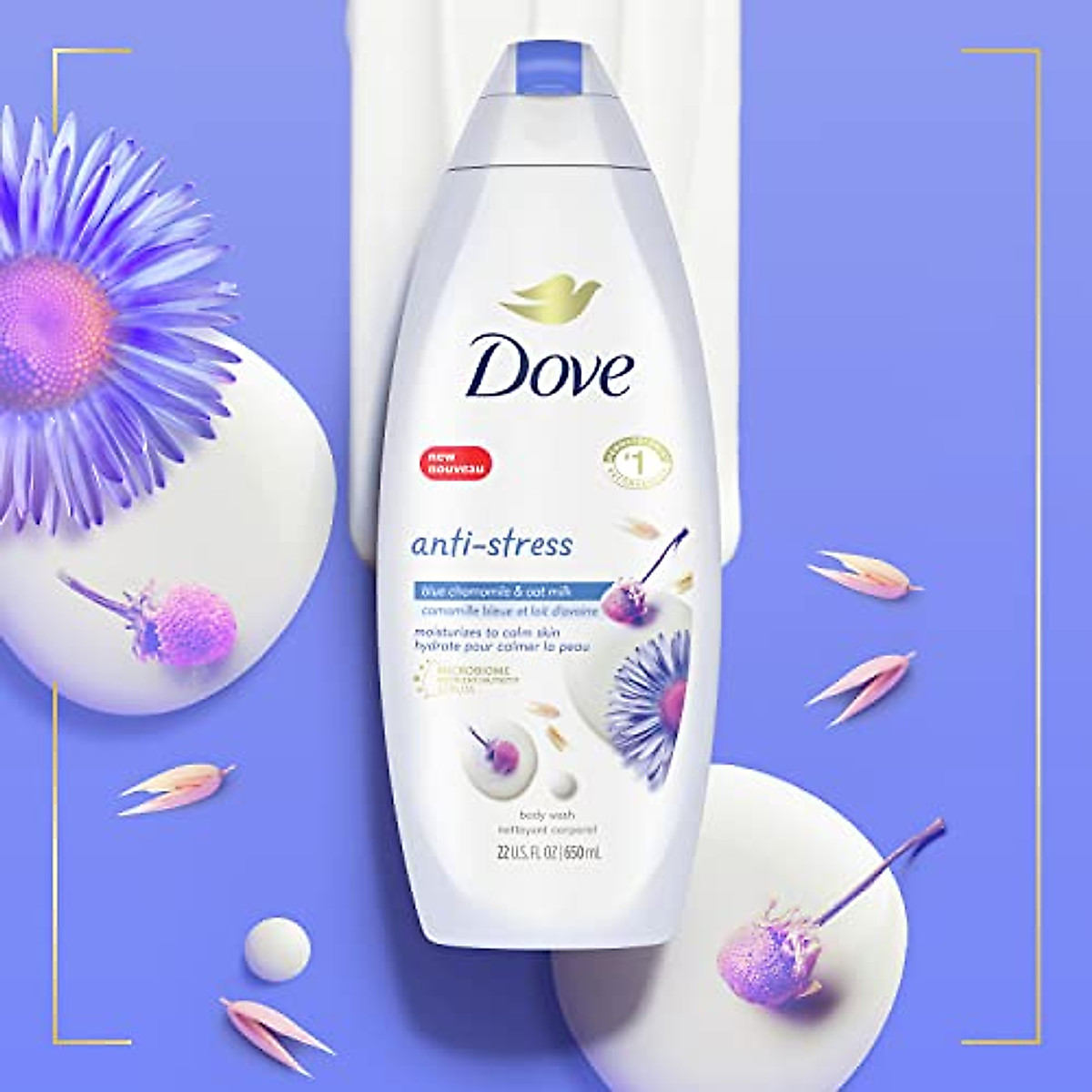 Dove Moisturizing Body Wash Sulphate Free Body Wash Moisturizes to Calm Skin Anti-Stress Body Cleanser with Blue Chamomile and oat milk scent 22oz 4 Count