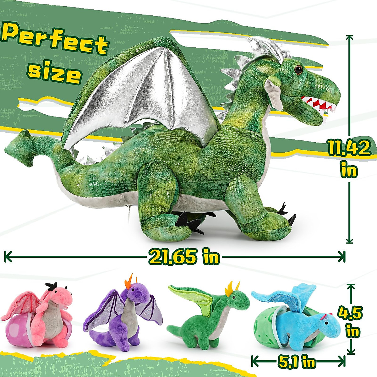 MorisMos Giant Dragon Stuffed Animal, Large Dragon Plush Toy with Baby Dragons Inside, Big Mommy Stuffed Dragon with Babies Set, Gifts for Kids, Boys on Christmas, Birthday (Green 21in)