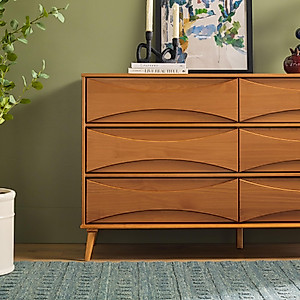 Walker Edison Lowry Mid-Century Modern Detailed-Drawer Solid Wood Dresser, 59 Inch, Caramel