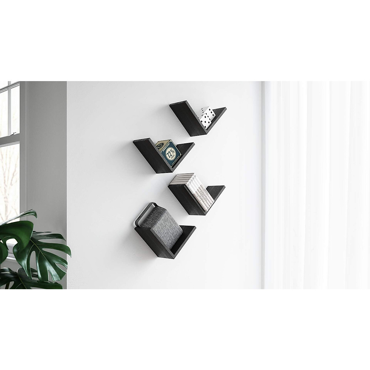 Mobili Fiver, A Set of 4 Giuditta V-Shaped Shelves, Ashwood Black, 9.8 "x5.9 x9.8, Laminate-Finished, Wall Mounted Shelves for Kitchen and Living Room, Italian Furniture