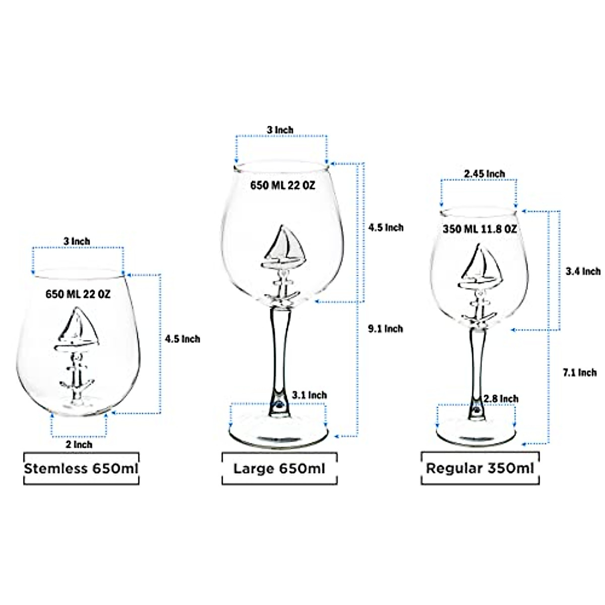 Sailing Wine Glasses Sail boat for Wine - Italian Cabernet Red Wine Glass With 3D Sailboat Inside - Creative Crystal Clear Cup Wine Glass Goblet Flute Lead-free - Perfect for Homes, Bars, Party (2pc)