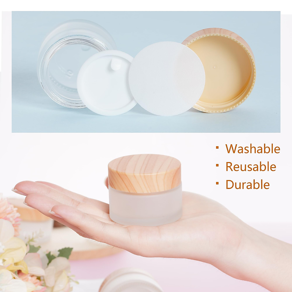 Miayon 6Pcs Glass Cosmetic Container with Wood Grain Lid Refillable Cosmetic Jar Frosted Glass Cream Container with Leak-proof Lid Empty Sample Jar for Makeup,Lotion,Eye Creams,Scrub Cream,Home Travel