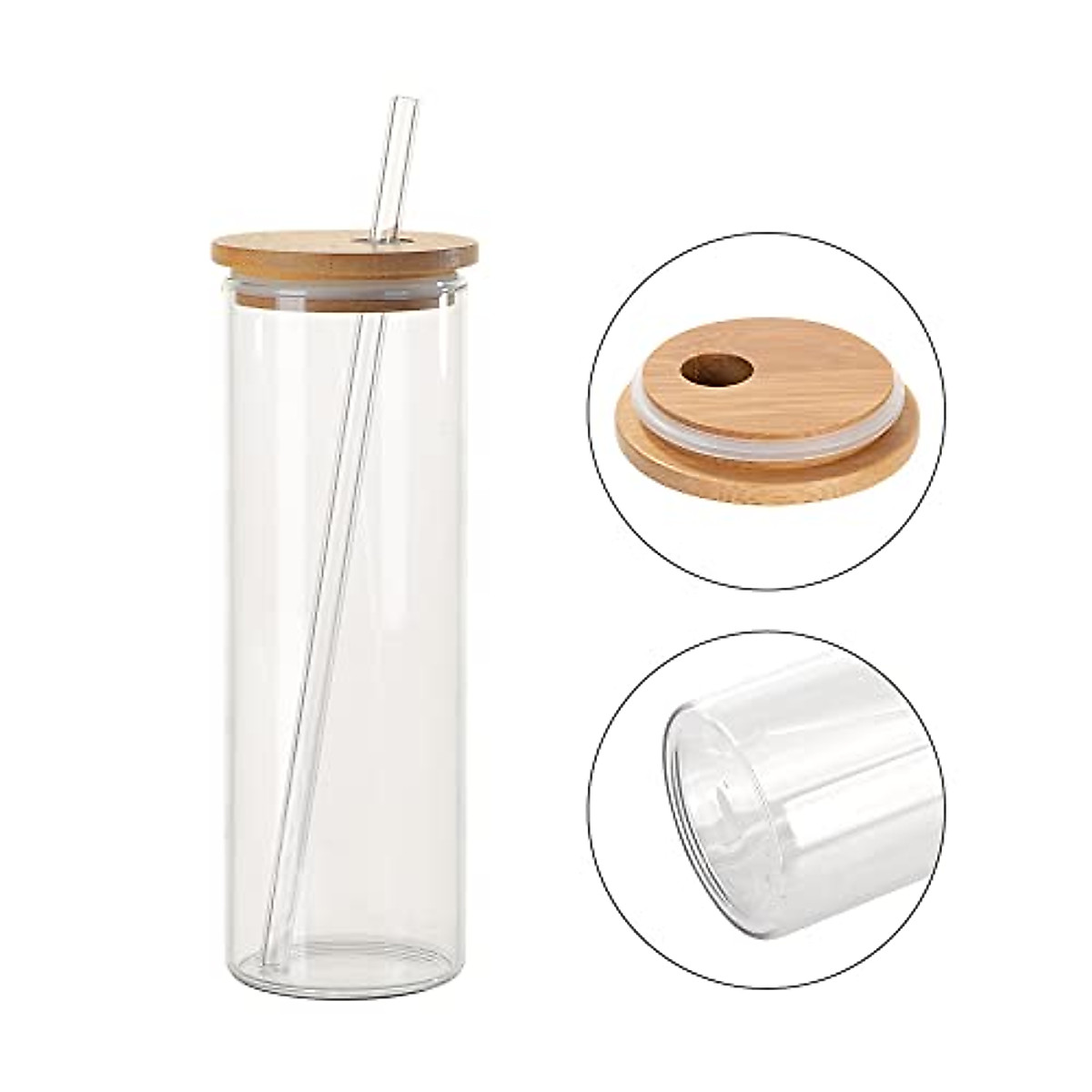 PYD Life Sublimation Glass Blanks Tumbler Skinny Straight Clear 20 OZ with Bamboo Lid and Glass Straw Jar Tumbler Cups Mugs for Tumbler Heat Press 6 Pack