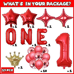 Red One Balloon for First Birthday, Red 1 Balloon with Confetti Balloons Set, Red Star Balloons, Crown Balloons for 1st Birthday Girl Decoration, Number One Balloon for 1st Birthday Balloons Décor