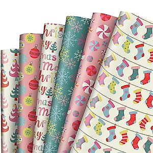 AnyDesign 12 Sheet Christmas Wrapping Paper Pink Blue Xmas Tree Snowflake Candy Cane Gift Wrap Paper Bulk Winter Decorative Art Paper for Birthday Baby Shower, Folded Flat, 19.7 x 27.6 Inch