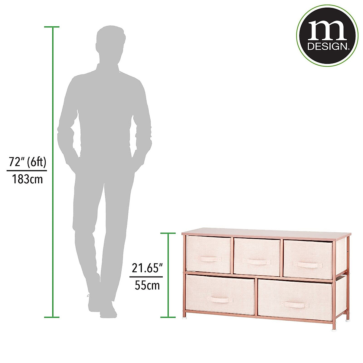 mDesign Chest of Drawers – Wide Set of Drawers with Wooden Top Shelf – Clothing Storage Tower for Socks, Underwear, Accessories – Pink/Rose Gold