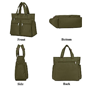 Canvas Tote Bag Waterproof Nylon Multi Pocket Shoulder Bags Laptop Work Bag Teacher Purse and Handbags for Women & Men (Army Green)