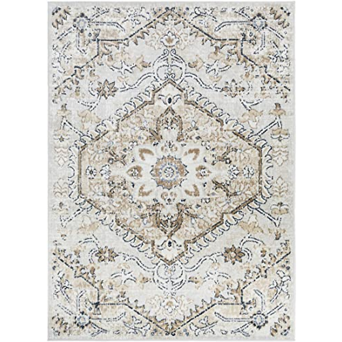 Mudgee Persian Oriental 7'9" x 9'6" Living Room Bedroom Boho Large Area Rug - Bohemian Farmhouse Indoor Carpet - Vintage Distressed Medallion Motif - Soft & Neutral - Tan, Brown, Cream, Beige