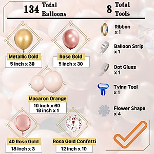 Chanfo Pola 142pcs Rose Gold Balloon Arch Kit Macaron Orange Balloon Garland, 18"12"10"5" Metallic Rose Gold, Gold Balloons, Rose Gold Confetti Balloon with 4D Globos for Nice Party Decorations