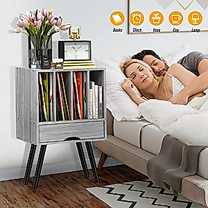 WASAIT Record Player Stand Vinyl Record Storage Table with Drawer Record Display Turntable Stand with Wood Legs 3-Tiers Vinyl Holder Cabinet for Living Room Bedroom Grey