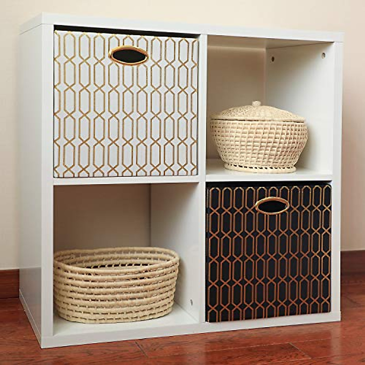 Posprica Storage Bins, Storage Cubes,13×13 Fabric Drawers Organizer Basket Boxes Containers (13×13×13/4pcs, Cream/gold geometry Pattern)