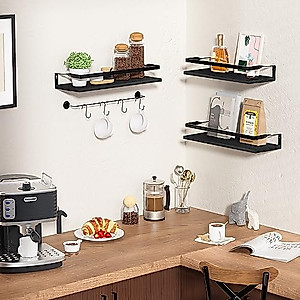 upsimples Floating Shelves, Bathroom Shelves Set of 3, Wood Wall Shelves with Removable Towel Bar, Wall Decor for Bathroom, Bedroom, Living Room, Kitchen, Black