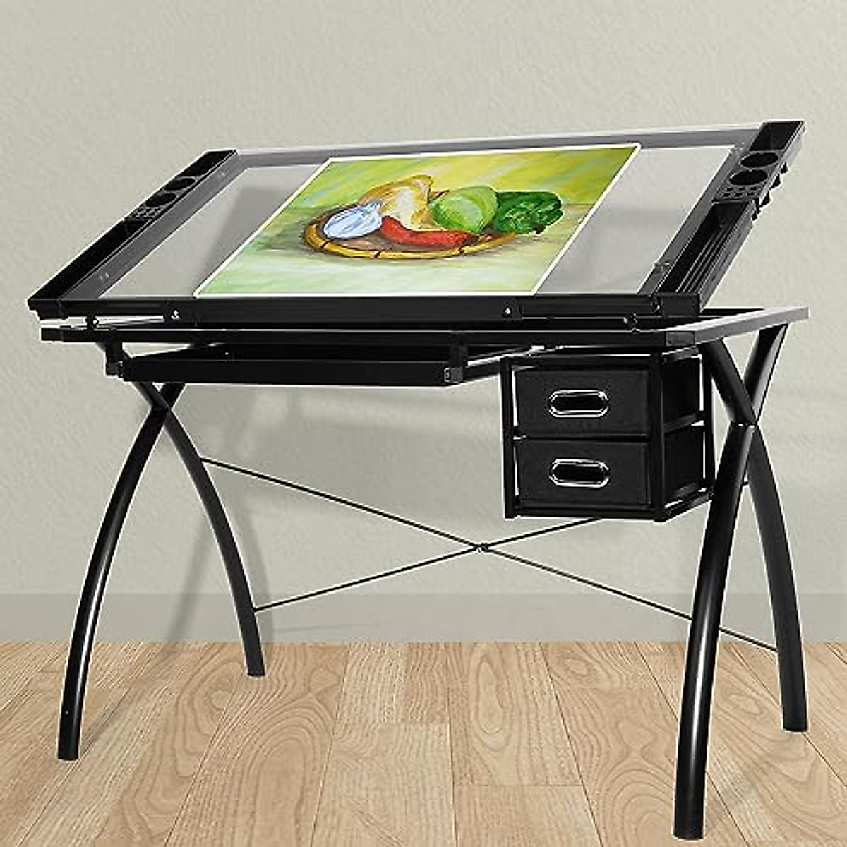 ComfyCorner Drafting Table for Artists, Adjustable Drawing Desk with Tempered Glass Tabletop, Tilting Draft Workstation Table with w/2 Drawers and Tray, Black