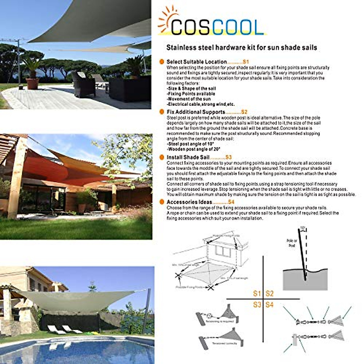 COSCOOL Shade Sail Hardware Kit for Sun Shade Sails Stainless Steel Installation Hardware Kit (6-inch Rectangular)