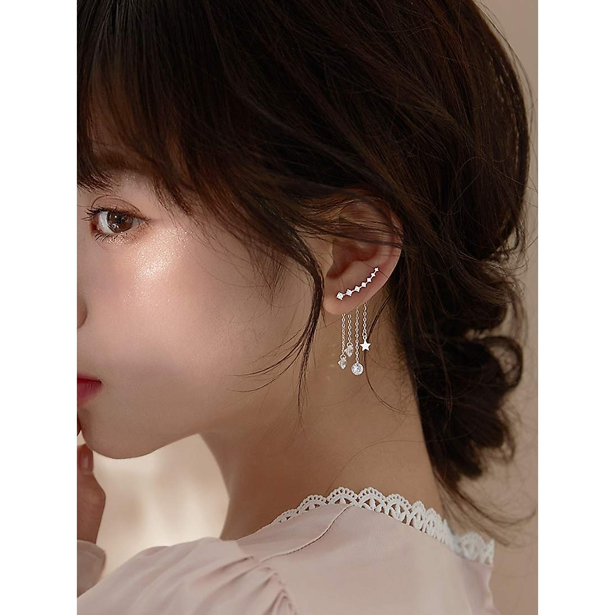 SLUYNZ 925 Sterling Silver 7 Crystals Cuff Earrings Tassell Chain for Women CZ Crawler Earrings Chain Climber Earrings (A-Silver)