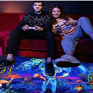 EISKBC Blacklight Astronaut Area Rug, Large Neon UV Reactive Kids Rug, Non-Slip Fluorescent Luminous Floor Mat Carpet, Glow in The Dark Plants Jellyfish Galaxy Space Bed Room Decor 70x47inch