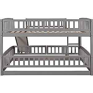 Harper & Bright Designs Low Bunk Beds Full Over Full, Wood Kids Bunk Bed with Slide, Fence and Ladder, Full Size Bunk Beds for Girls Boys, Grey