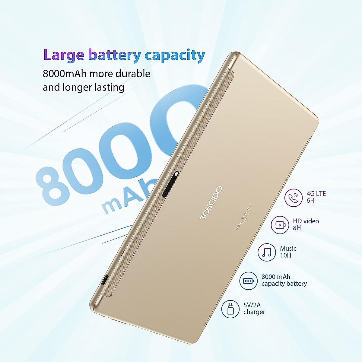 TOSCiDO Android 12 Tablet 10.1 Inch Tablets, 4GB RAM+64GB ROM+1TB Expand,8 Core CPU, 8000 mAh Battery,Bluetooth5.0, GPS,Wi-Fi -Gold