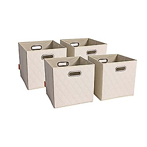 JIAessentials Small 11-inch Beige Foldable Diamond Patterned Faux Leather Storage Cube Bins Set of Four with Handles with Dual Handles for living room, bedroom and office storage