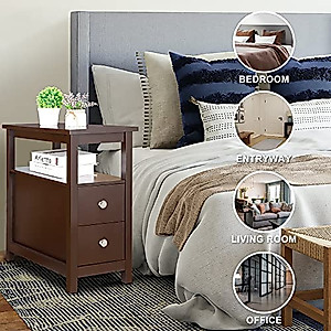 SUPER DEAL 2 Drawer End Table with Storage Shelf, Narrow 3 Tier Sofa Side Table for Living Room Bedroom Office Small Spaces, 23.6 x 24 inch Espresso