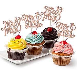Rsstarxi 36 Pack Mr & Mrs Cupcake Toppers Glitter with Diamond Ring Miss to Mrs Wedding Cupcake Decorations for Bridal Shower Wedding Engagement Party Decorations Rose Gold