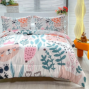 CVHOUSE Cat Bedding,Cartoon Cat Comforter Queen,Animals Print Comforter Set for Kids,Kawaii Quilt Set with 1 Comforter and 2 Pillow Cases