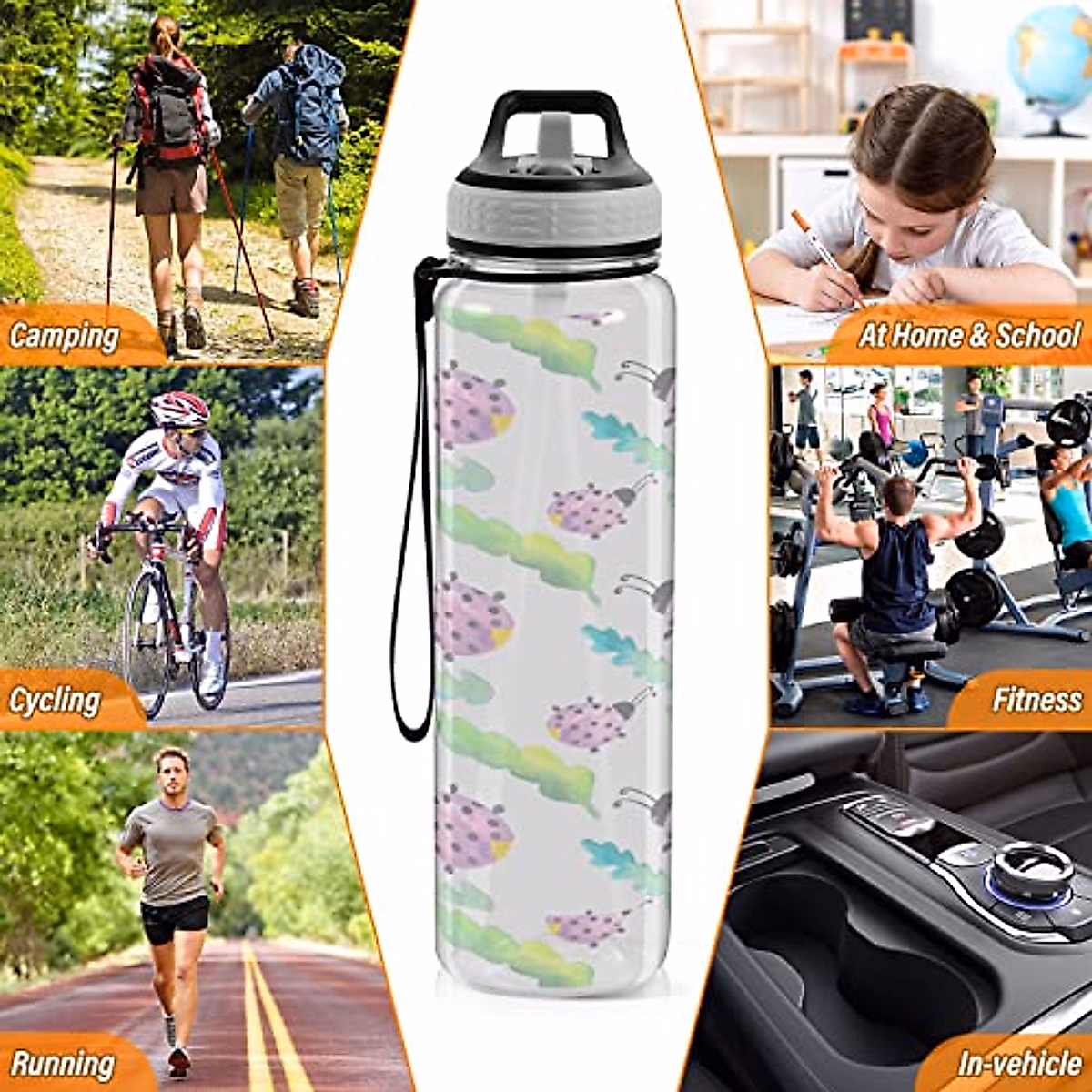 xigua Ladybug Water Bottle with Straw Lid,32 oz Leakproof Sport Water Bottle with Wide Handle for Gym,Cycling,School,Travel