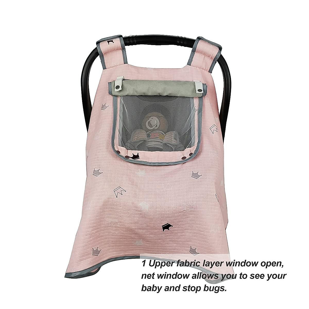 ICOPUCA Car seat Covers for Babies, Muslin carseat Cover Girls, carseat Canopy with Window, Light Weight, fit Summer/Autumn/Spring, Pink Crown, Perfect for gils;