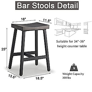 OUllUO Black Gray Bar Stools Set of 2, Backless Saddle Barstools, 25" Counter Height Bar Stools, Gray Solid Wood Counter Stools with Metal Frame for Kitchen Island, 521P-BGWD