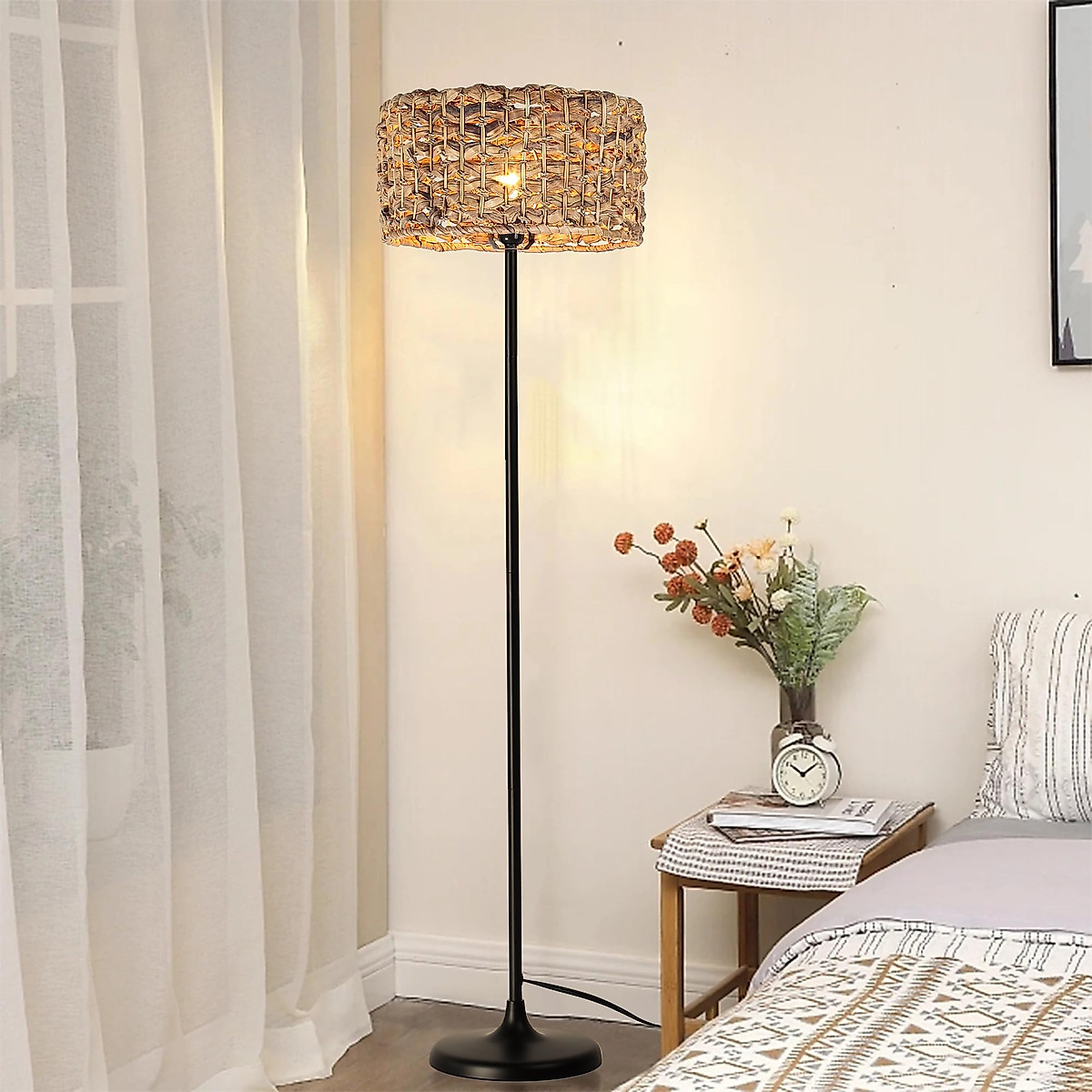 Zompoo Bamboo Rattan Floor Lamp for Living Room, Boho Hand-Worked Woven Cylinder Lampshade Standing Lamp with Foot Switch, Industrial Black Tall Floor Light Decoration for Bedroom, Farmhouse