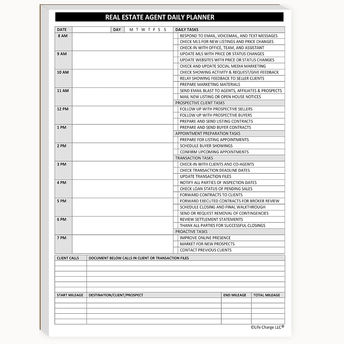 Real Estate Agent Supplies - Daily Planner Task List Notepad. Simple one page document with calendar, task lists, call and mileage log. Keep organized & focused on selling real estate. 8.5 X 11