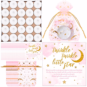 50 Sets Baby Shower Candle Favors 50 Pcs Tea Light Candles for Guests with 50 Pcs Moon Star Organza Bags and 50 Pcs Little Star Thank You Tags Party Favors for Baby Gender Reveal (Pink)