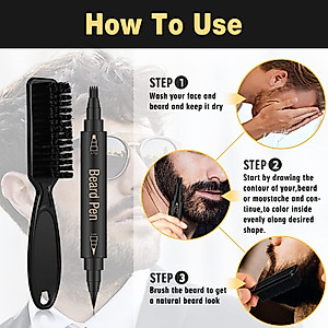 Beard Pencil Filler For Men,4 Tip Beard Filler Pen Kit Beard Pen & Beard Brush Male Mustache Repair Shape, Effective Enhance Facial Hair Waterproof Proof and Sweat Proof (Portable Box & Black Pen)