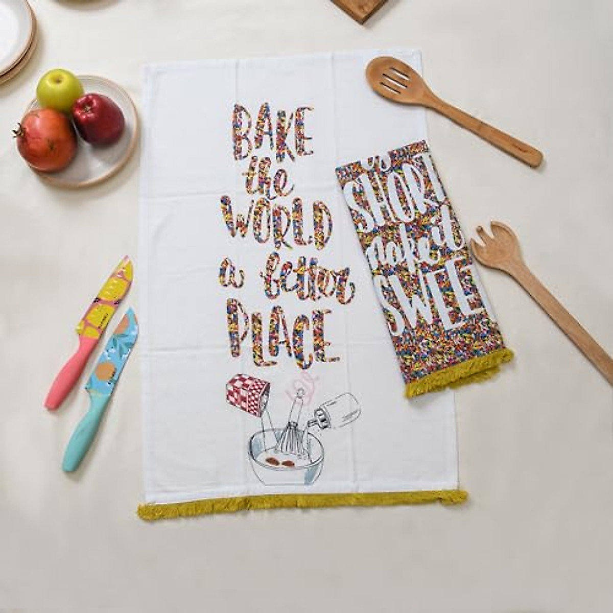 TARAN LIVING Printed Kitchen Dish Bar and Tea Towels Cotton, 18x28 inch with Trims, Cotton Dish Towel Sets (Yellow & White, Set of 2)