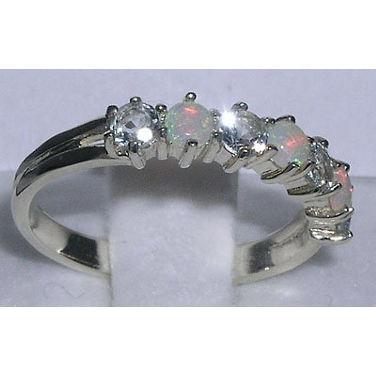 LetsBuyGold 14k White Gold Natural Opal & Aquamarine Womans Eternity Ring - Size 4.25