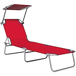 GYMAX Lounge Chair, Folding Recliner Patio Chair for Outdoor Patio Garden Beach Pool with Adjustable Reclining Positions, Sun Shade (Red)