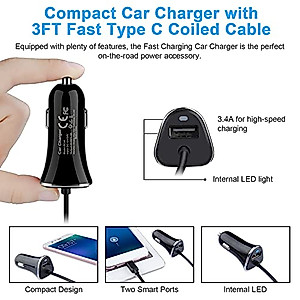 Fast Car Charger Pixel 7 Type C Car Plug Android USB C Cigarette Lighter Car Adapter Fast Charging C Coiled Cable for Samsung Galaxy A14 5G/S23/A54/A34/A23/Z Fold 4/A13/S21 FE/A53/A03s,Pixel 7 Pro/6a