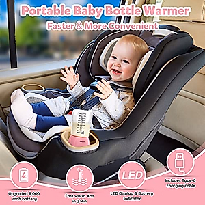 Bottle Warmer, Baby Bottle Warmer Portable for Travel Car On The Go, 2-5 Min Fast Bottle Warmer for Breastmilk, Wireless Rechargeable with 4 Precise Temperature Control, Auto Shut-Off, USB, 8.8oz