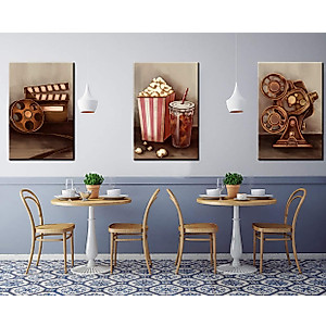 sechars - Extra Large 3 Piece Painting Wall Art Film Reels Popcorn Filmmaking Canvas Art Modern Movie Theater Media Room Decor (24x36inchesx3pcs)