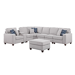 YOPTO Linen Upholstered Sectional Sofa with Removable Ottoman,U-Shape 6 Seat SectionalCouch W/Cupholder Console Part and USB Port for Living Room,Apartment, Spacious Space,Light Gray